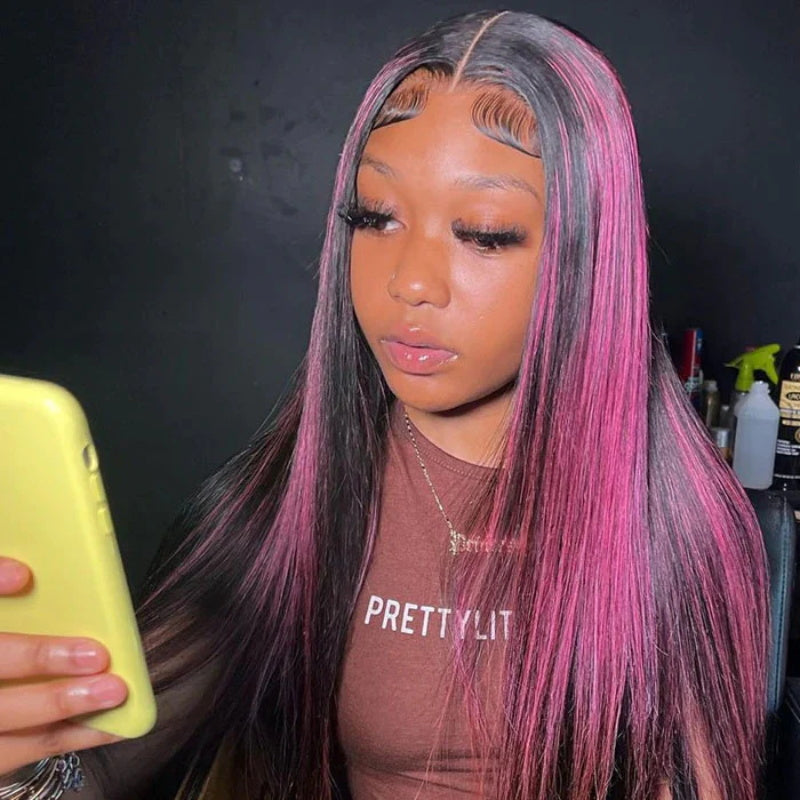 Long 32Inch Highlight Pink Straight 13x4 Lace Front Wig Pre-plucked St ...