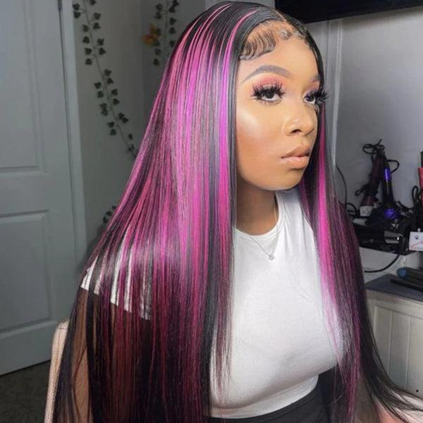 Long 32Inch Highlight Pink Straight 13x4 Lace Front Wig Pre-plucked St ...