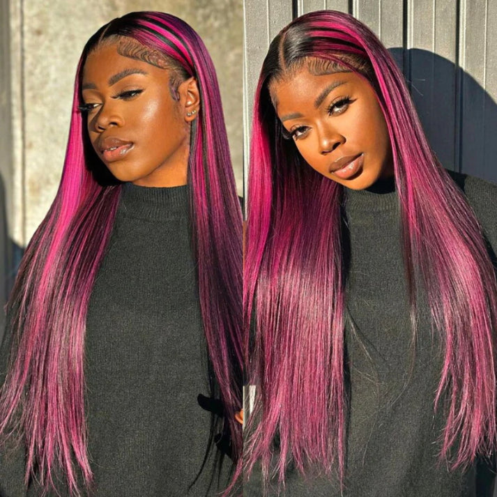 Long 32Inch Highlight Pink Straight 13x4 Lace Front Wig Pre-plucked St ...