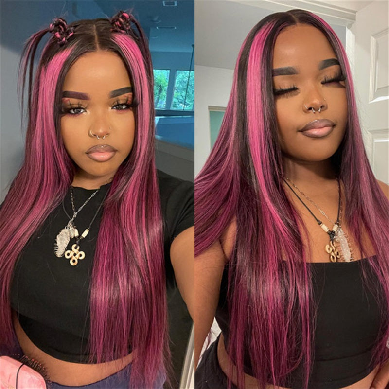 Long 32Inch Highlight Pink Straight 13x4 Lace Front Wig Pre-plucked St ...