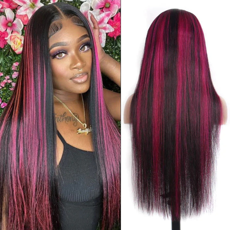 Long 32Inch Highlight Pink Straight 13x4 Lace Front Wig Pre-plucked St ...
