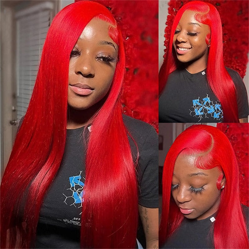 Red Colored 13x4 Lace Frontal Wig 32 Inch Straight Human Hair Wig Unde ...