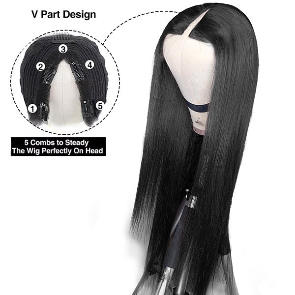V Part Straight Wig 100% Unprocessed Straight Human Hair Wig Glueless ...