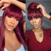 99J Straight Human Hair Machine Made Wigs With Bangs Burgundy Color Gl ...